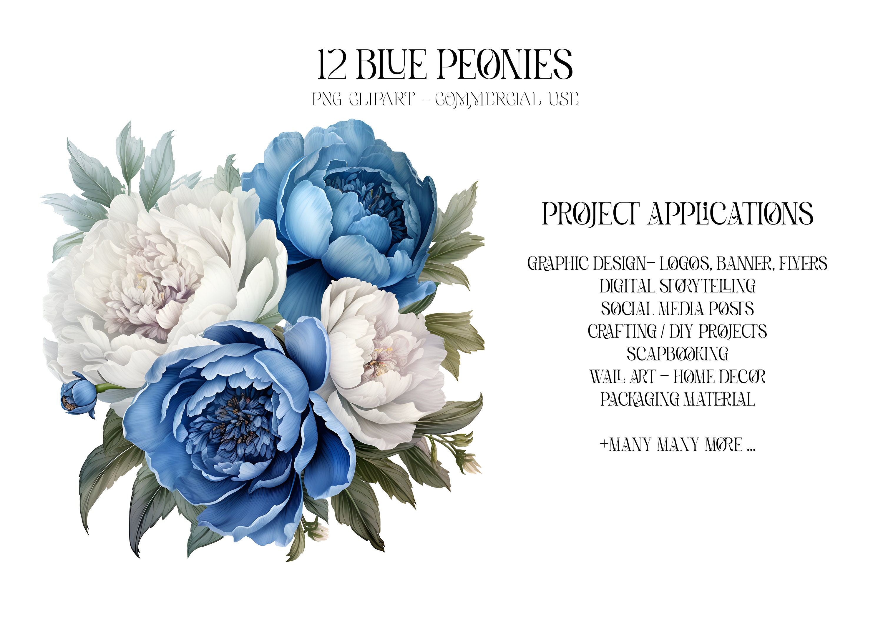 12 Blue Peonies Watercolor Clipart, Summer Flowers Clipart, Peonies ...