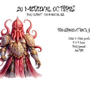 20 Medieval Octopus Watercolor Clipart, Fairytale Clipart PNG, Fantasy ...
