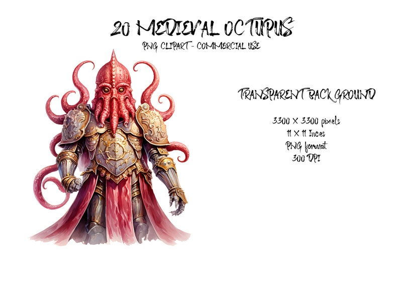 20 Medieval Octopus Watercolor Clipart, Fairytale Clipart PNG, Fantasy ...