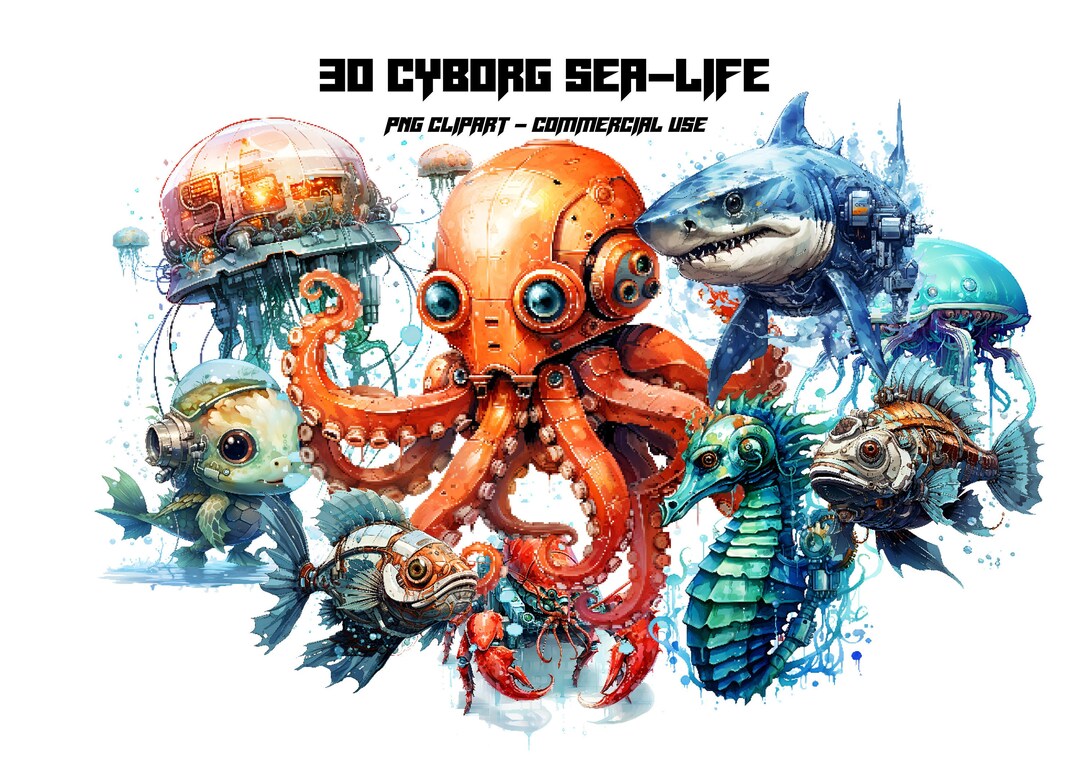 30 Cyborg Sea-life Clipart Watercolor Png, Digital Print, Illustration ...