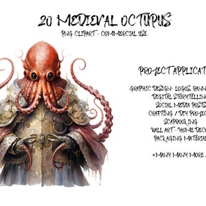 20 Medieval Octopus Watercolor Clipart, Fairytale Clipart PNG, Fantasy ...