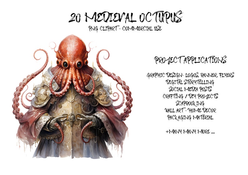 20 Medieval Octopus Watercolor Clipart, Fairytale Clipart PNG, Fantasy ...
