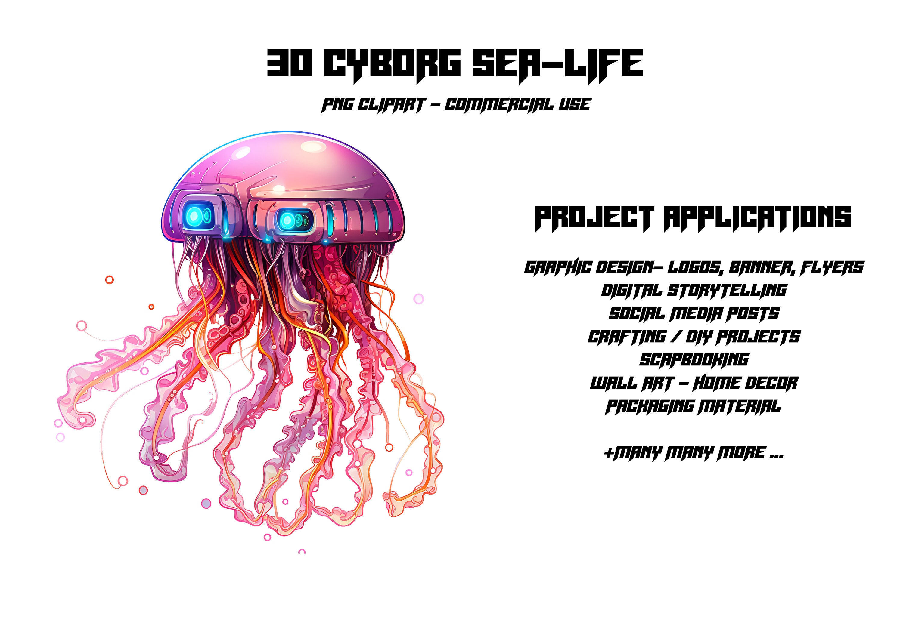 30 Cyborg Sea-life Clipart Watercolor Png, Digital Print, Illustration ...