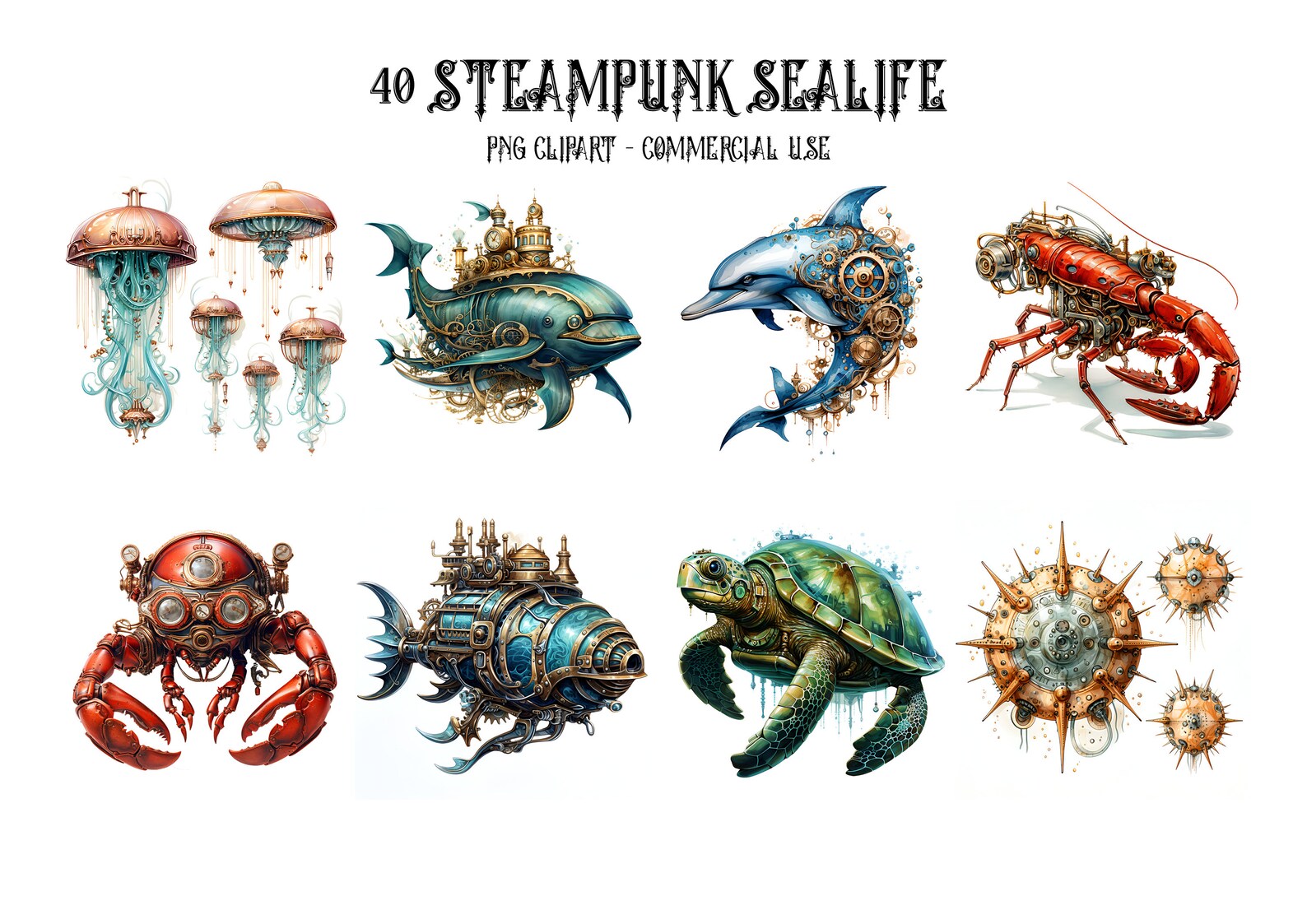 40 Steampunk Sea-life Clipart Watercolor Png, Digital Print ...