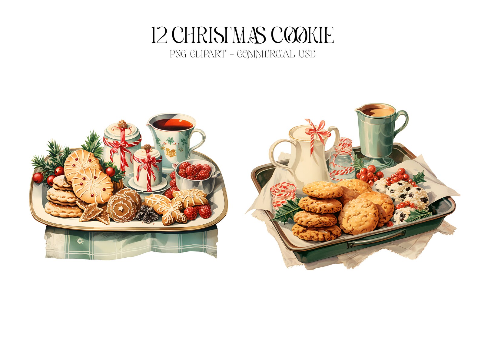 12 Christmas Cookie Watercolor Clipart, Christmas Festive Food Clipart ...