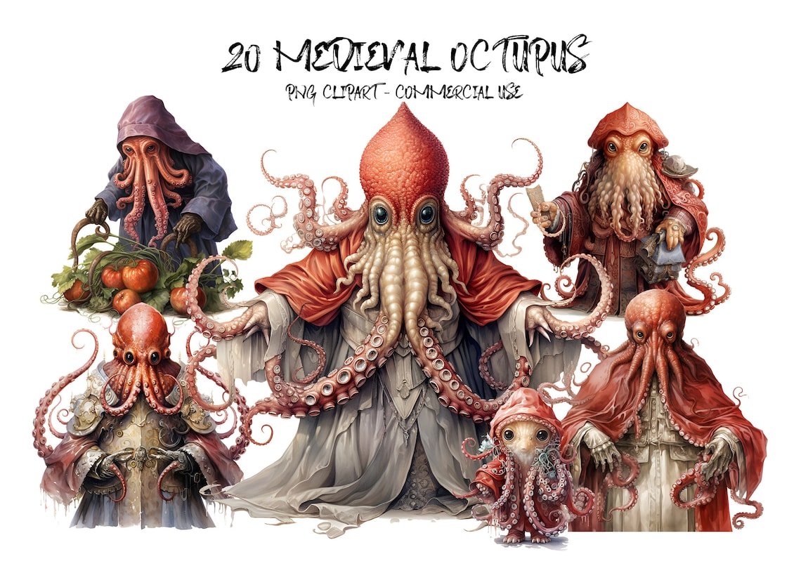 20 Medieval Octopus Watercolor Clipart, Fairytale Clipart PNG, Fantasy ...