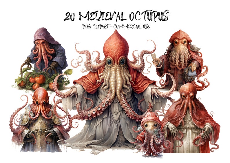 20 Medieval Octopus Watercolor Clipart, Fairytale Clipart PNG, Fantasy ...