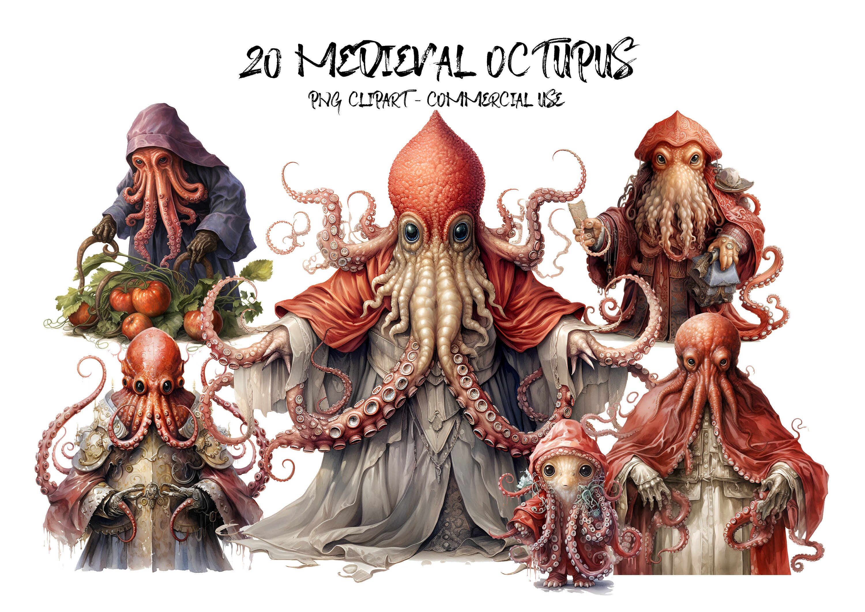 20 Medieval Octopus Watercolor Clipart, Fairytale Clipart PNG, Fantasy ...