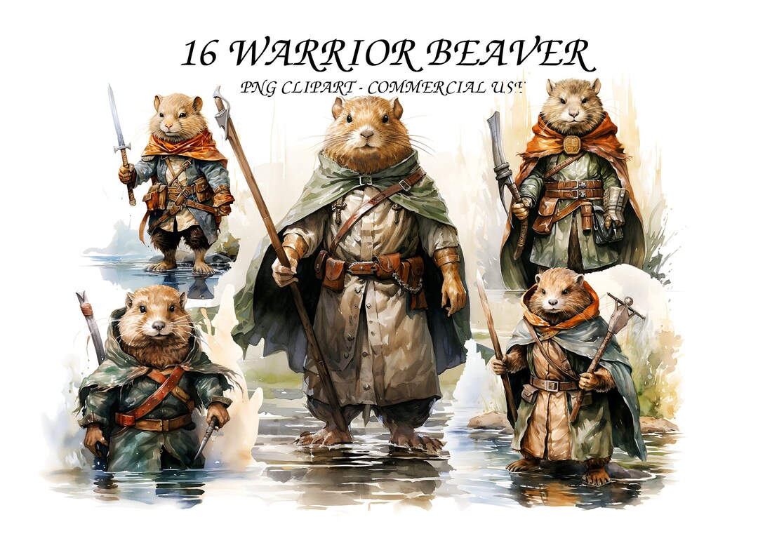 16 Warrior Beaver Watercolor Clipart, Fairytale Clipart PNG, Fantasy ...