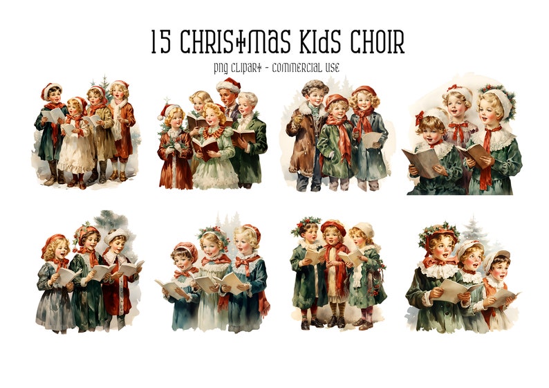 15 Christmas Choir Watercolor Clipart, Vintage Christmas Spirit Clipart ...