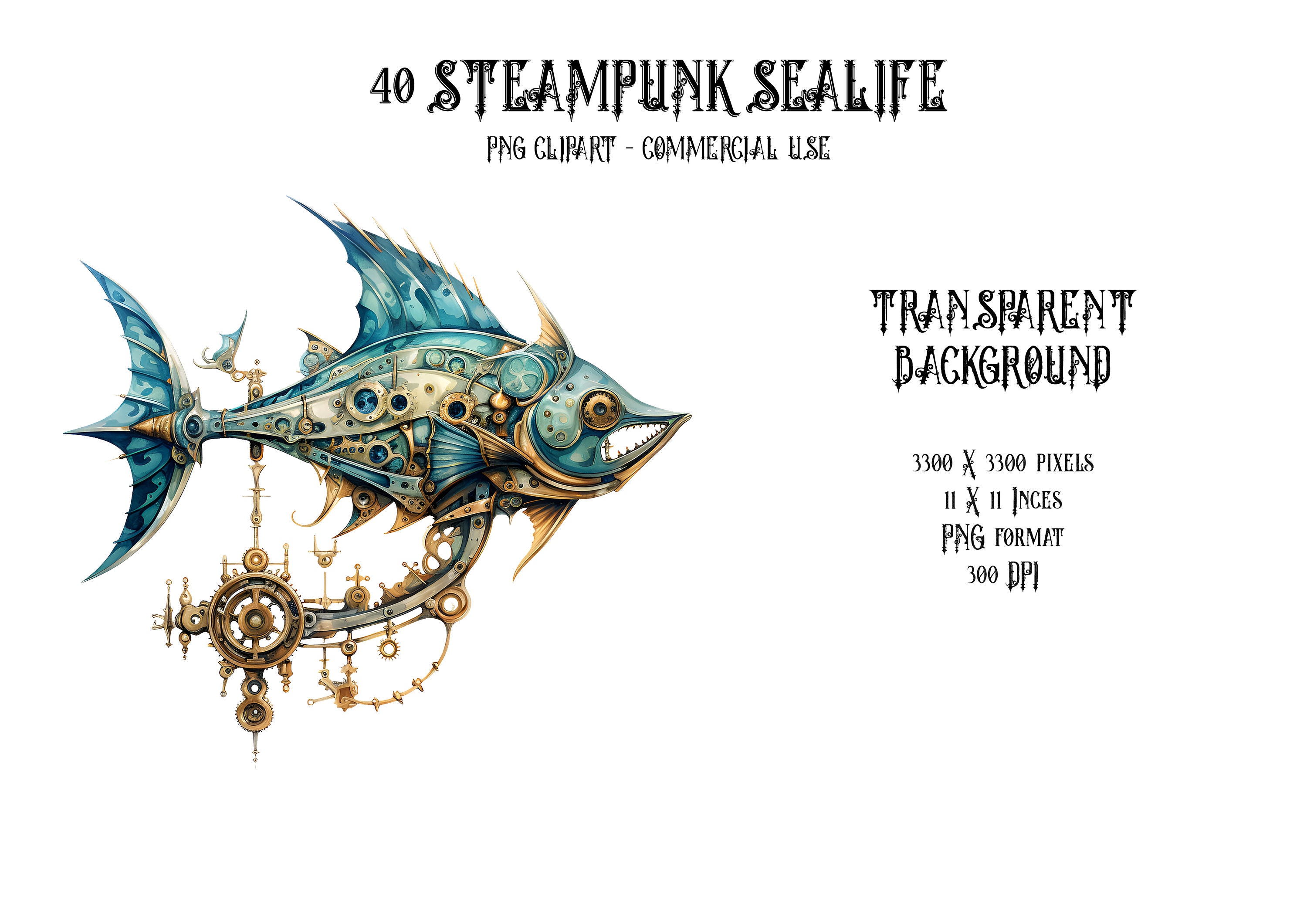 40 Steampunk Sea-life Clipart Watercolor Png, Digital Print ...