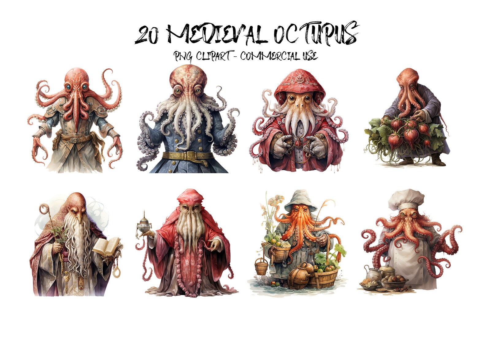 20 Medieval Octopus Watercolor Clipart, Fairytale Clipart PNG, Fantasy ...