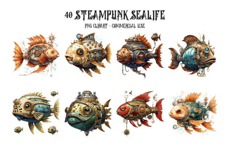 40 Steampunk Sea-life Clipart Watercolor Png, Digital Print ...