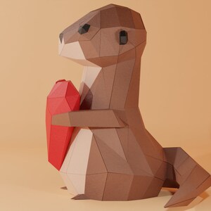 Papercraft Animal Low Poly Otter Holding Heart 3D Paper Crafting Kit ...