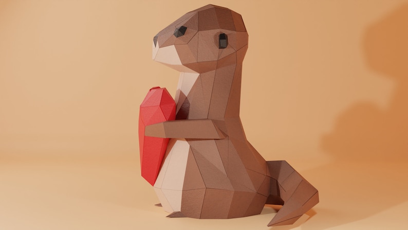 Papercraft Animal Low Poly Otter Holding Heart 3D Paper Crafting Kit ...