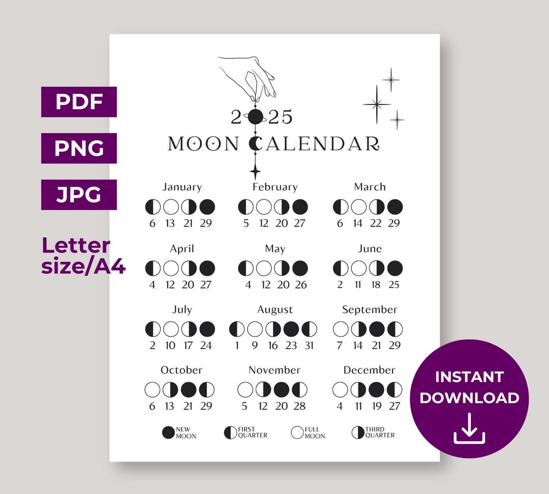 Moon Calendar 2025 | Printable Lunar Calendar | Moon Phases Planner ...