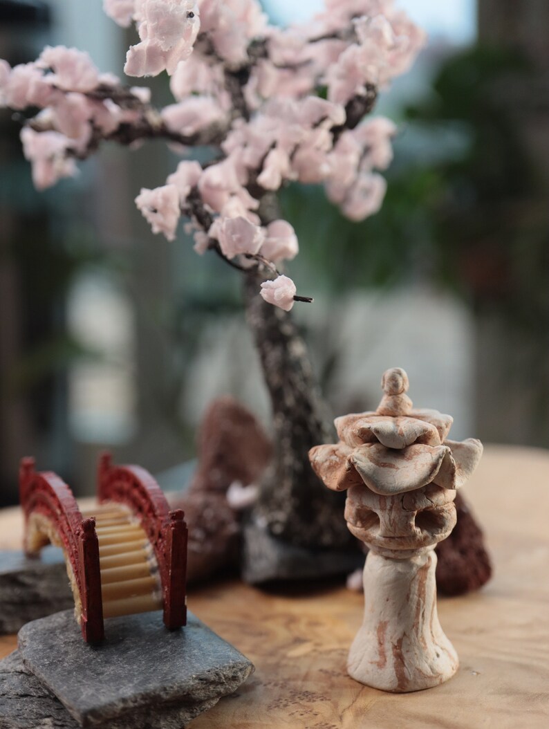 Mini Zen Garden Diorama handcrafted Cherry Blossom Tree With Bamboo ...