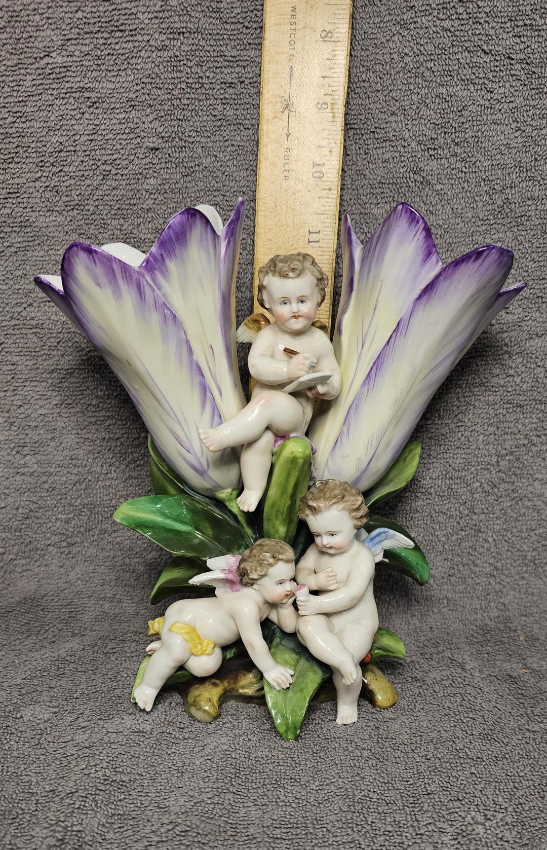 Beautiful Vintage Cherubs on Painted Porcelain Double Trumpet Lilly ...