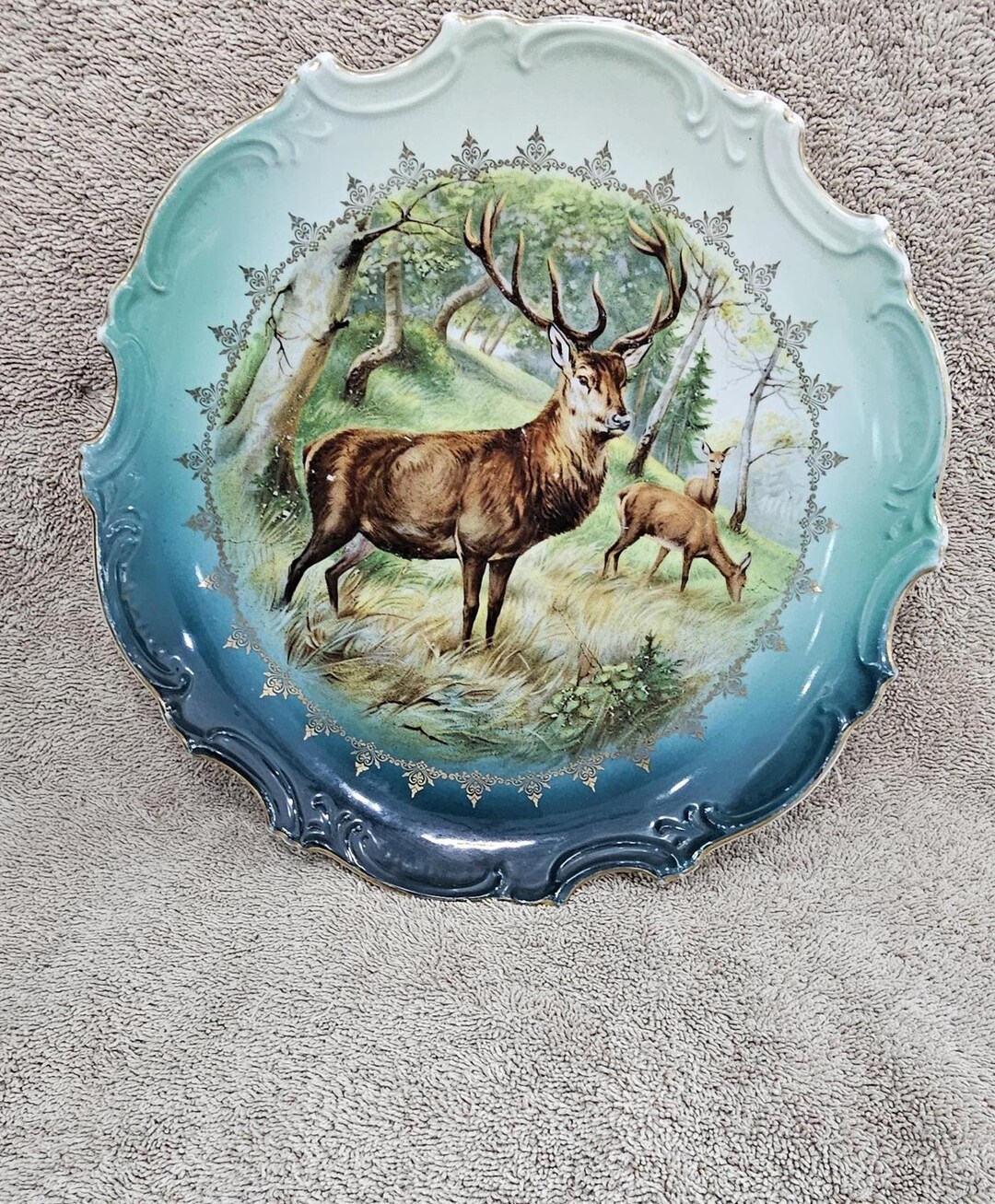 Antique German Stag and Doe Deer Leuchtenburg C.A.L.&S Scallop Edge ...