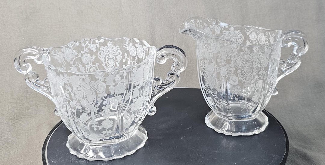 Vintage Cambridge Glass Creamer and Sugar Bowl Set: Rose Point Pattern ...