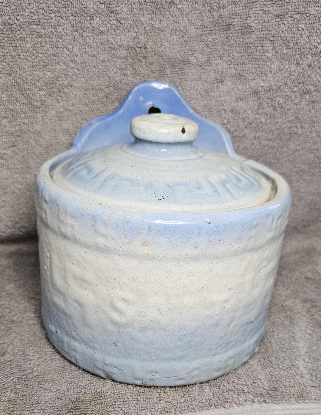 Antique Blue and White Stoneware Salt Crock With Lid, Indian Good Luck ...