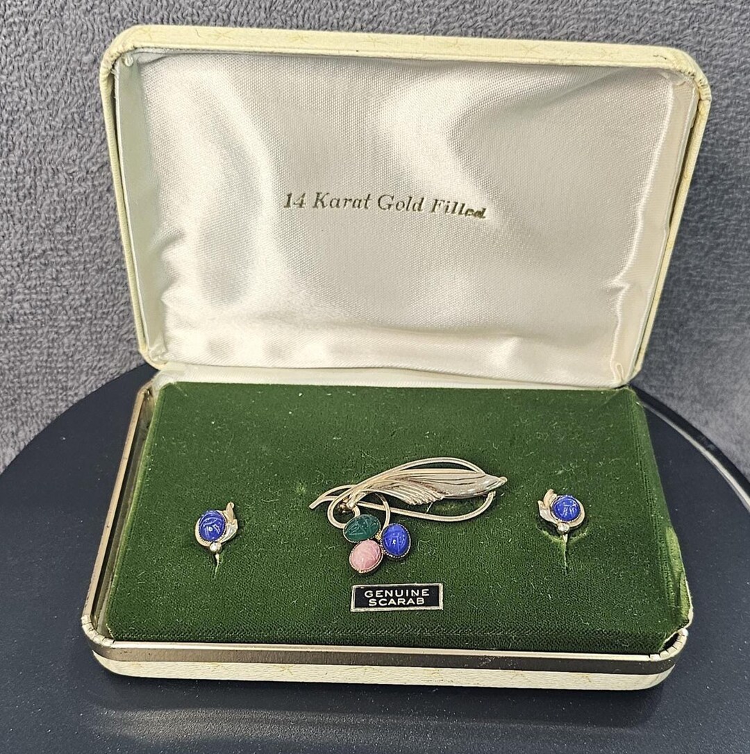 Vintage Scarab Gemstone Brooch, and Screw Back Earrings 14K Gold Filled ...