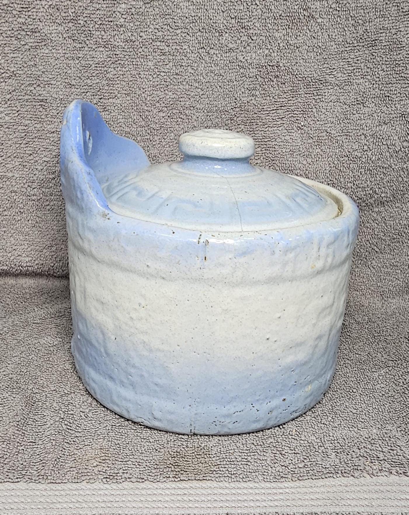 Antique Blue and White Stoneware Salt Crock With Lid, Indian Good Luck ...