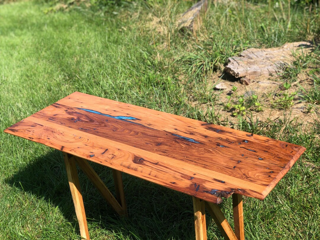Custom Reclaimed Wormy Chestnut Table Top With Epoxy Inlays. - Etsy
