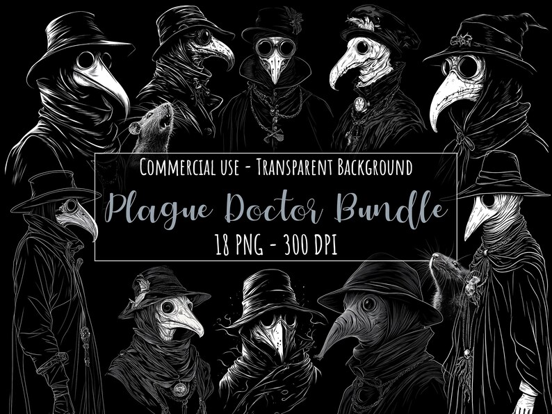 Plague Doctor Clipart 18 PNG Black & White Illustration Commercial Use ...