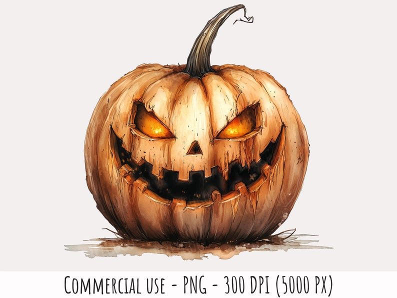 Spooky Pumpkin Watercolor Clipart 1 PNG Halloween Scary Horror ...