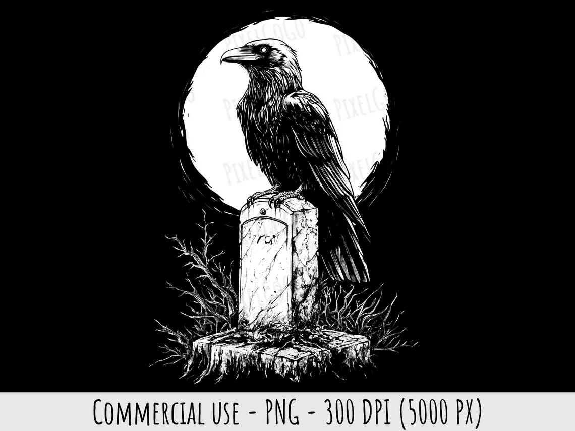 Gothic Raven Tombstone Clipart 1 PNG Black and White Illustration ...