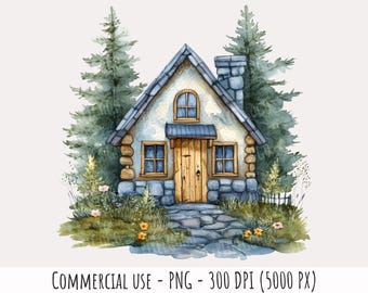 Wooden Cabin Watercolor Clipart 1 PNG Cottage Trees Landscape Nursery ...