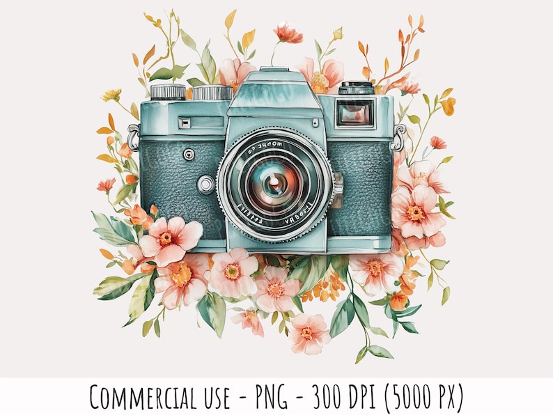 Vintage Camera Floral Clipart 1 PNG Watercolor Flower Antique Camera ...