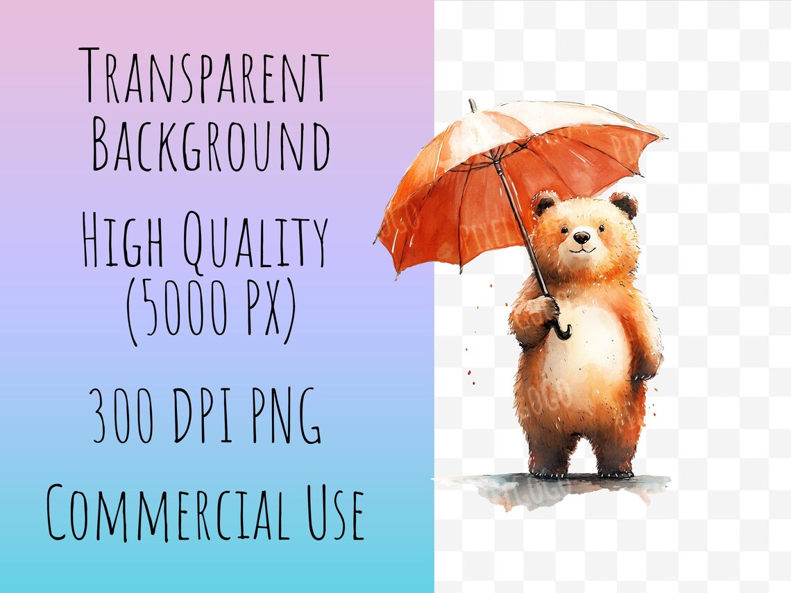 Bear With Umbrella Watercolor Clipart, Cute Nursery Art (PNG Digital ...