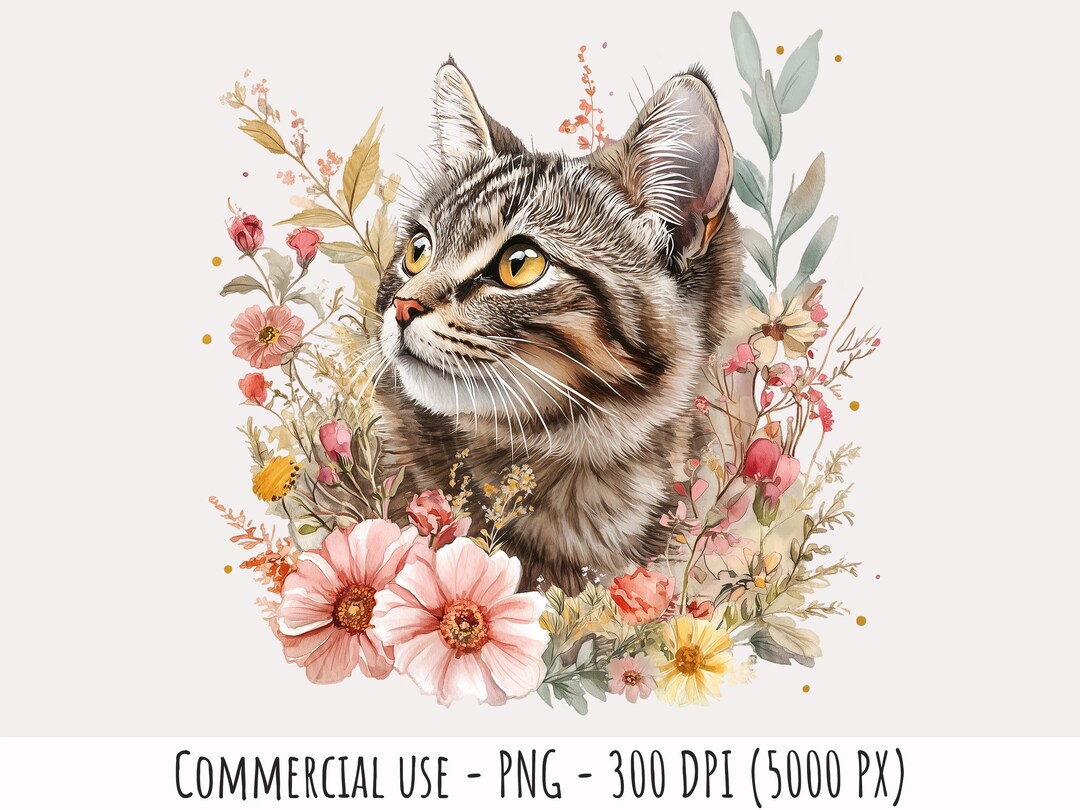 Cat Floral Watercolor Clipart 1 PNG Flowers Beautiful Commercial Use ...