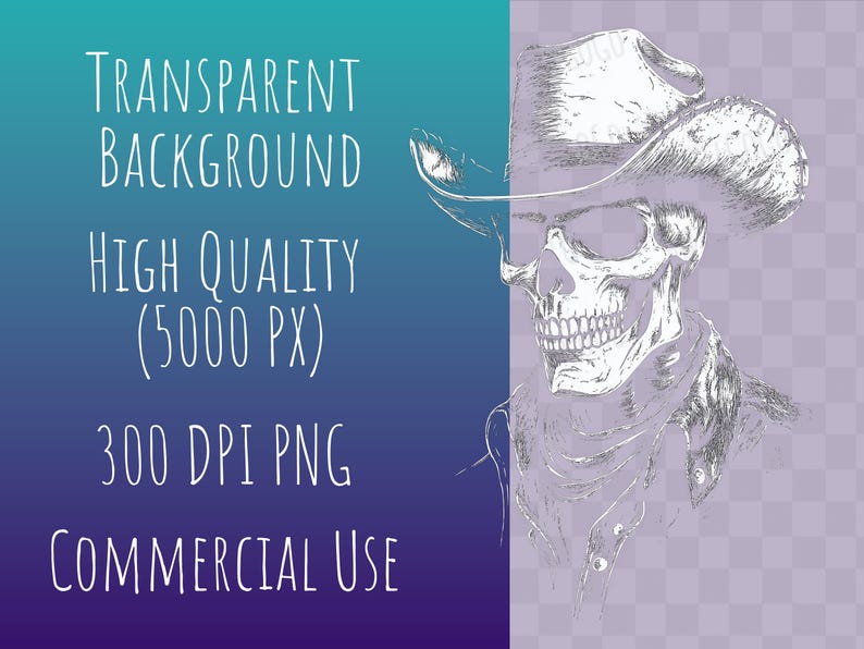 Gothic Cowboy Skull Clipart 1 PNG Black and White Illustration Skeleton ...