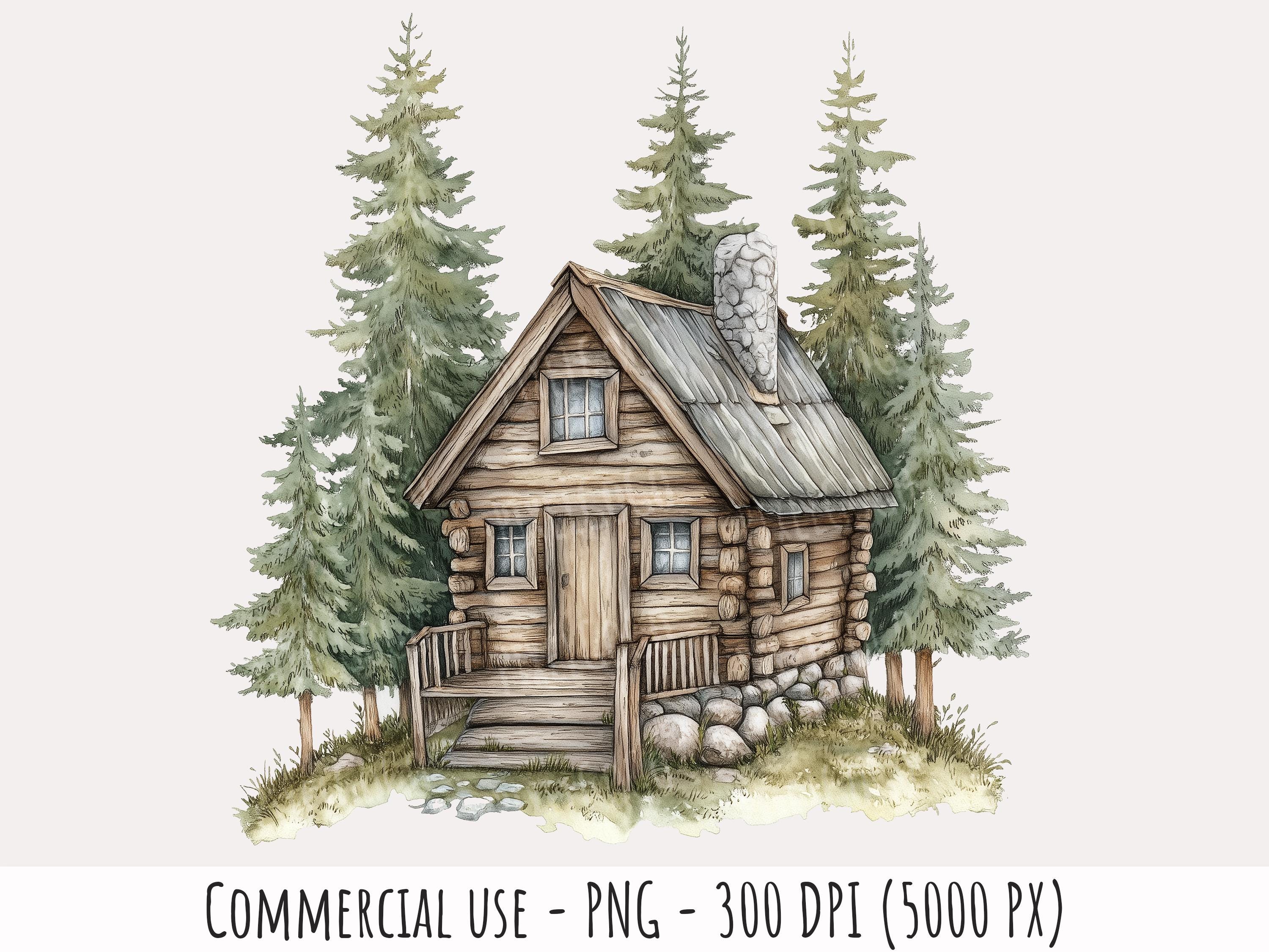 Wooden Cabin Watercolor Clipart 1 PNG Cottage Trees Landscape Nursery ...