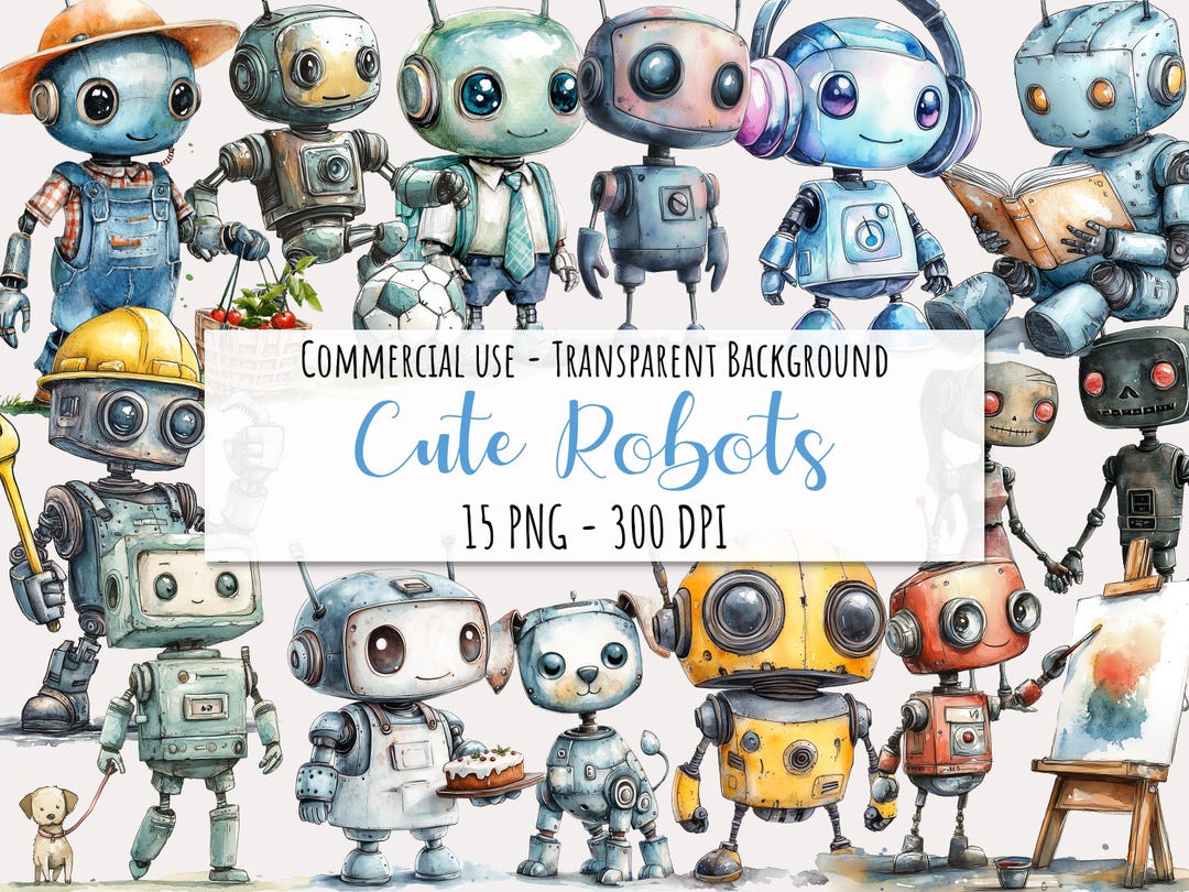 Cute Robot Clipart Bundle, 15 PNG File, Transparent Background ...