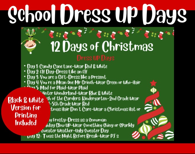 12 Days of Christmas Dress up Days, Christmas School Spirit Days ...