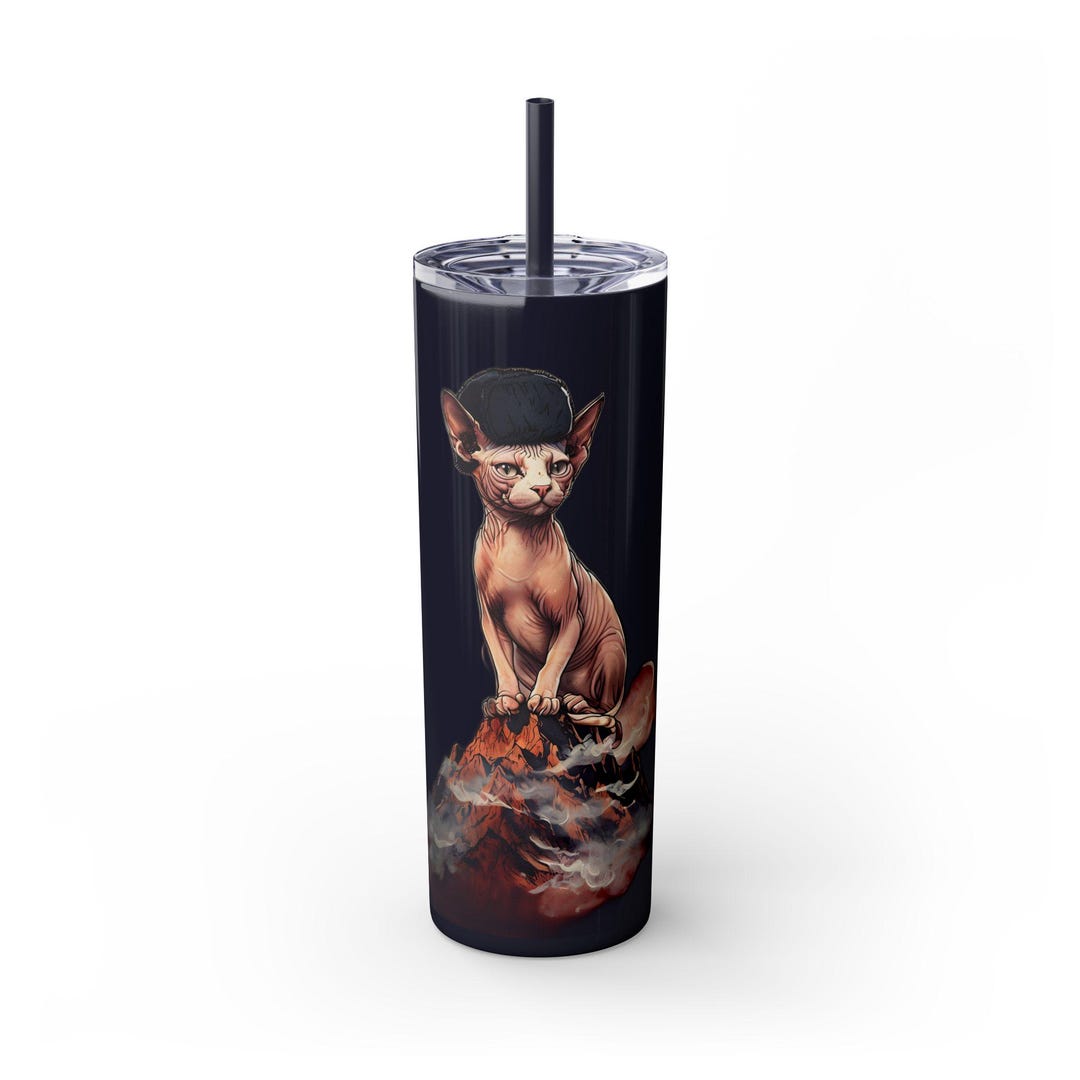 Sphynx Cat in Ushanka Hat on Mountain Peak Personalized 20oz Skinny ...