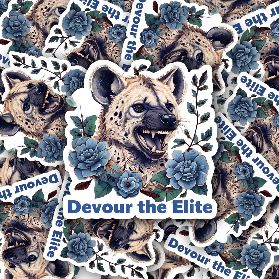 Devour the Elite Sticker | Laughing Hyena With Blue Flowers | Unique ...