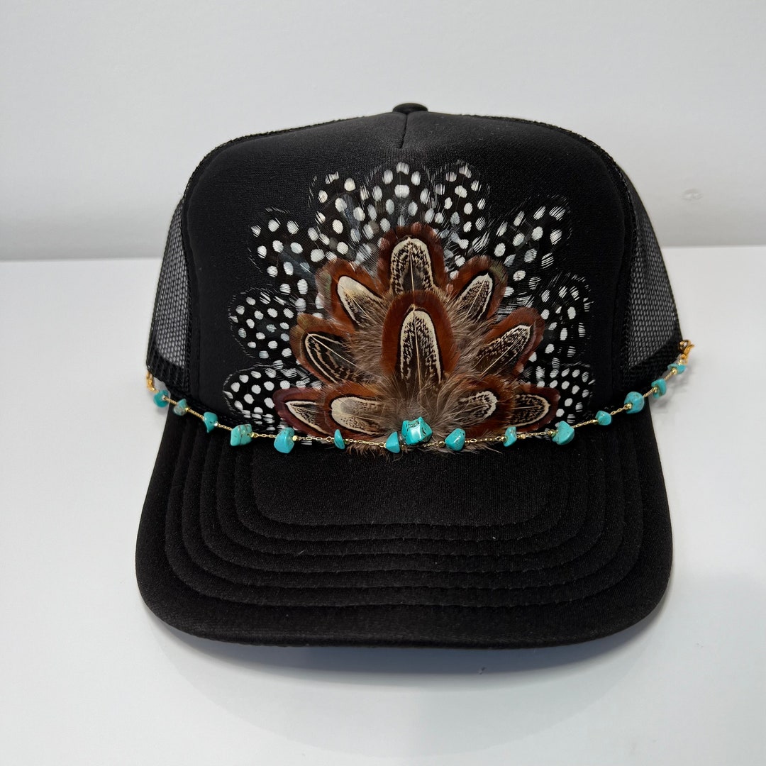 FEATHER Trucker Hat Cowgirl Style With BEADED Turquoise Hat Chain ...