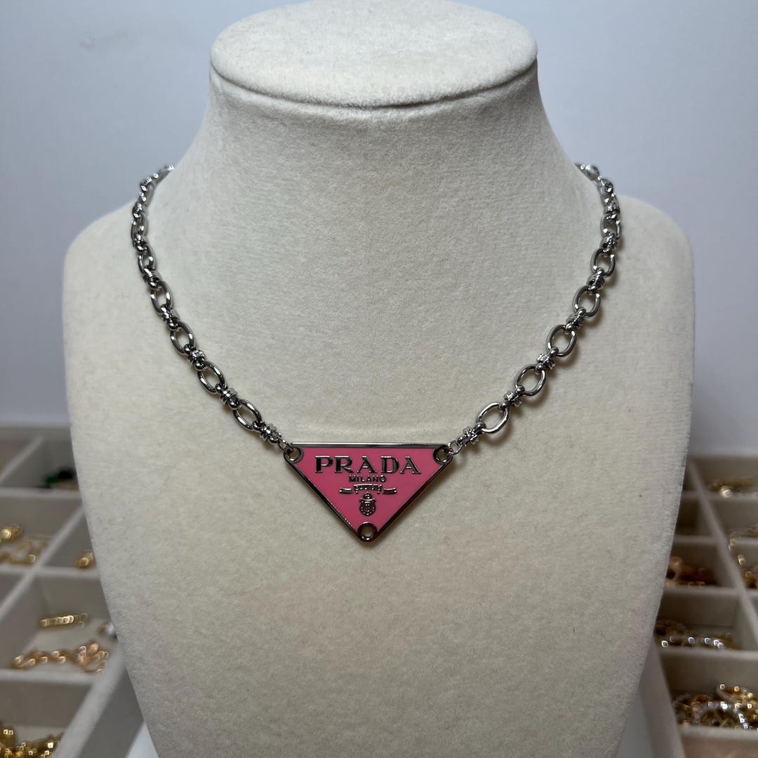 Vintage Repurposed PRADA Pendant Charm Luggage Tag Chunky Necklace Pink ...