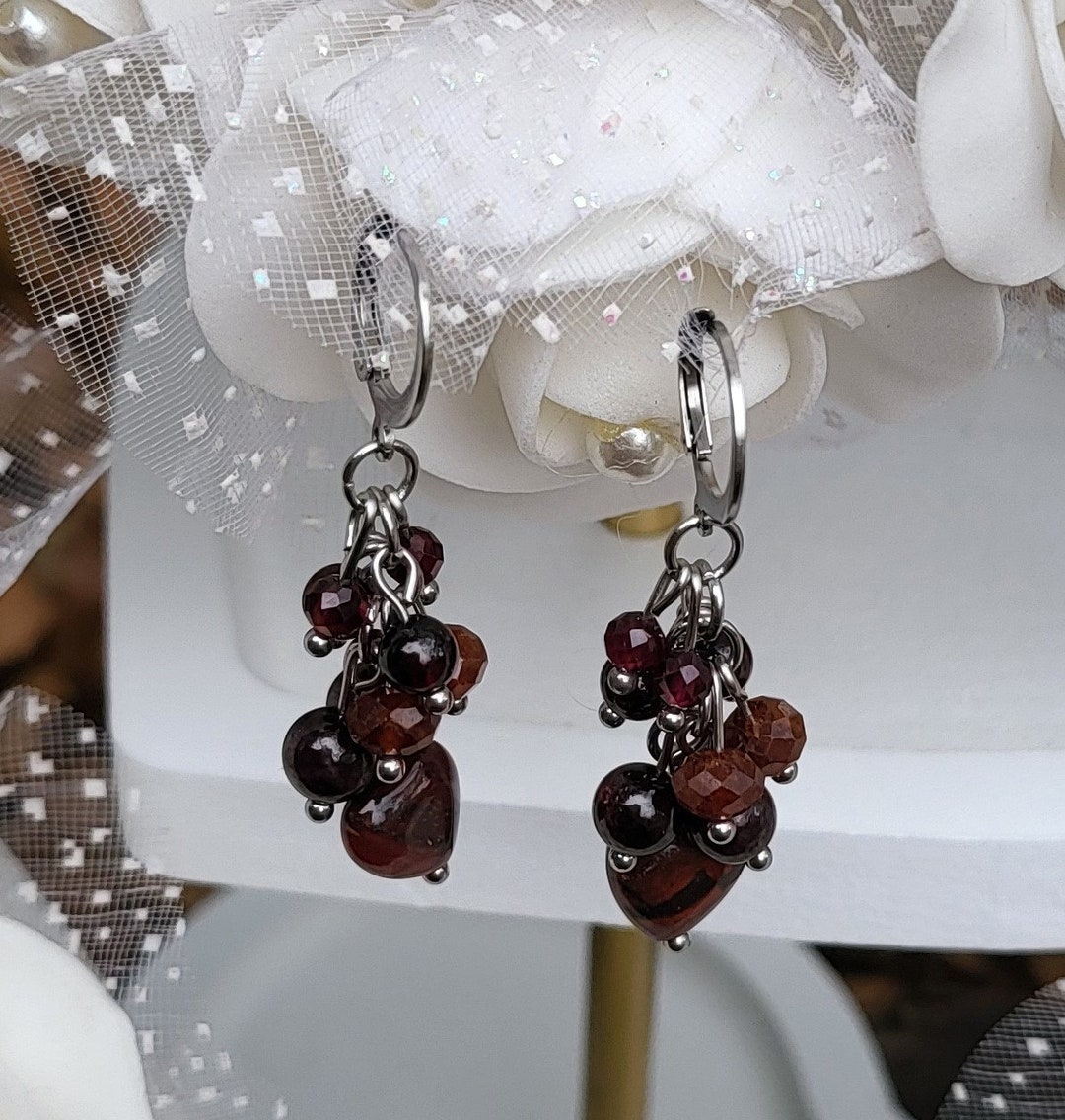 Red Dangle Earrings Multiple Garnet and Red Rainbow Jasper Heart Huggie ...