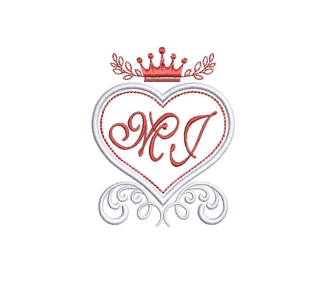 Custom Royal Heart Monogram Embroidery - Crown Crest Digitizing ...