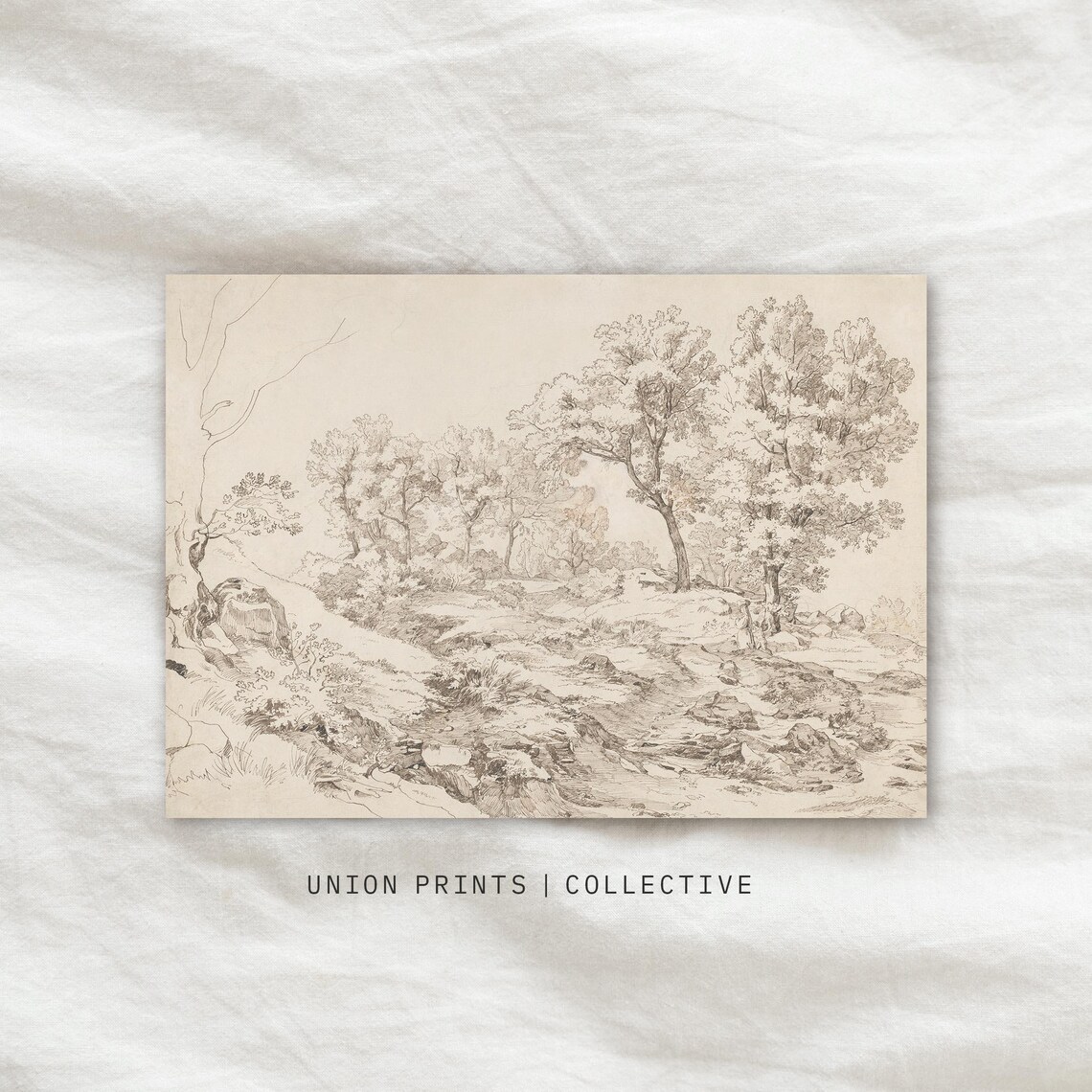 Printable Antique Landscape Sketch | Vintage Trees Drawing | Neutral ...