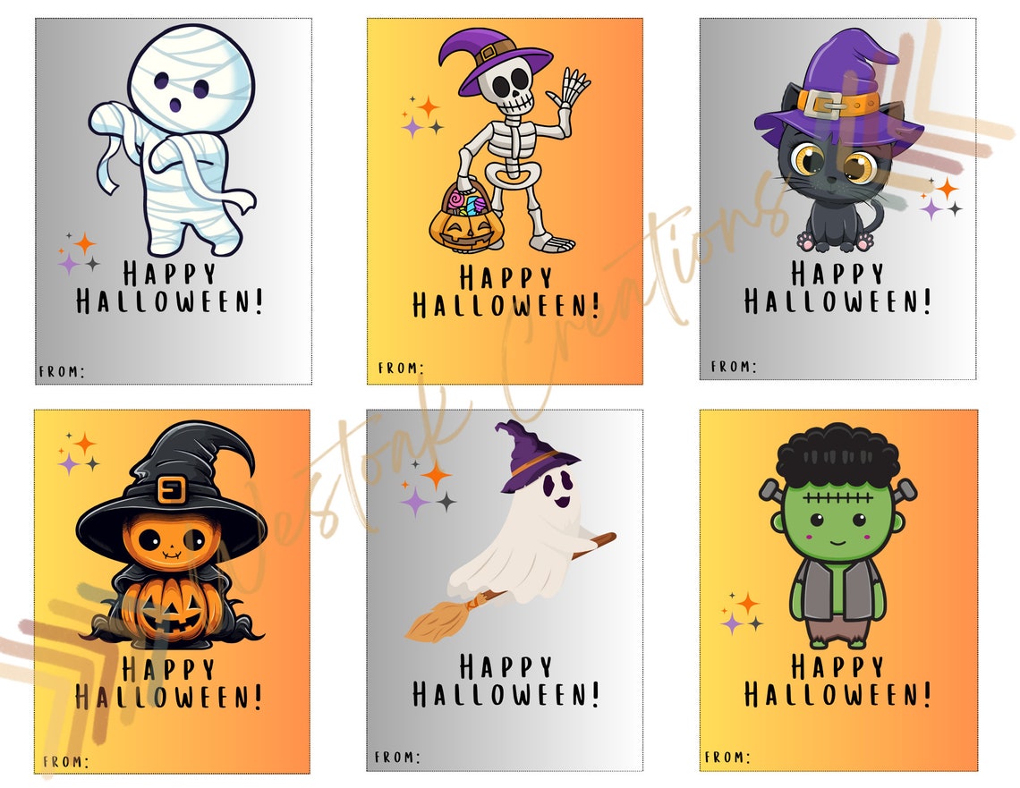 Printable Halloween Cards for Kids, Cute Characters Halloween Cards ...