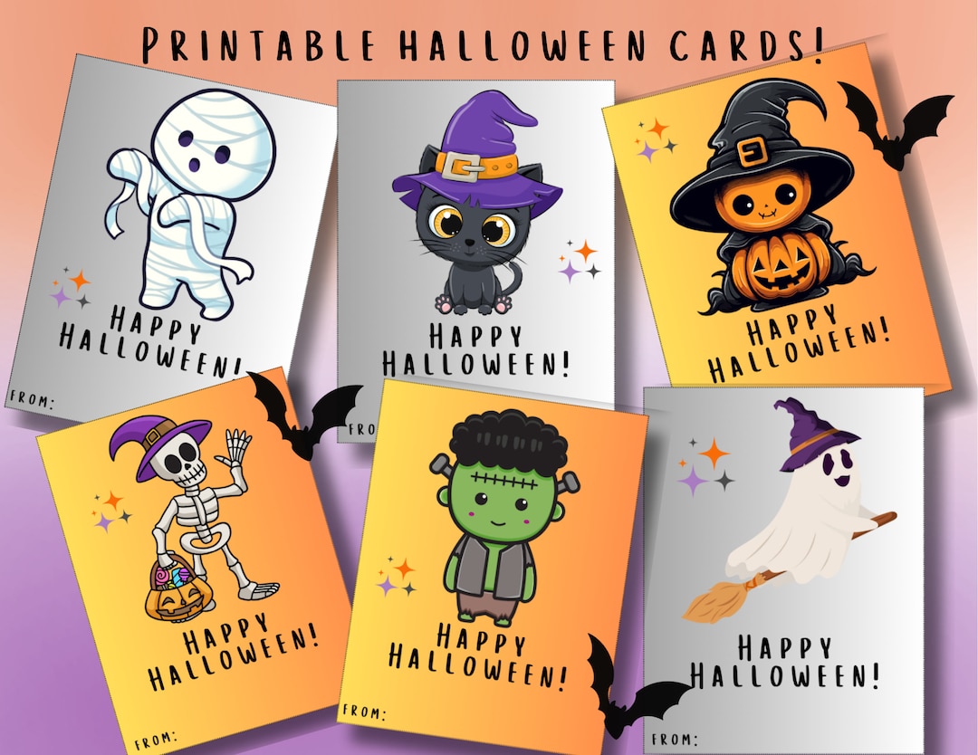 Printable Halloween Cards for Kids, Cute Characters Halloween Cards ...