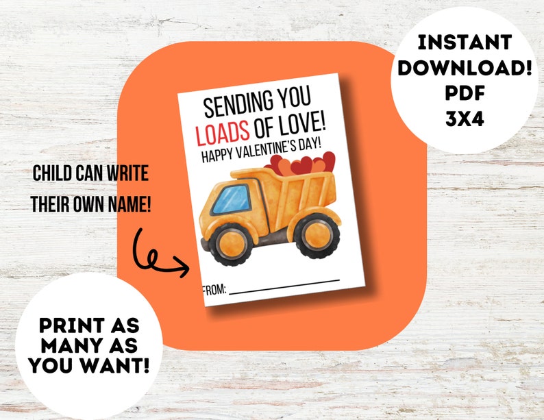 Construction Truck Valentine's Day Cards: Kids Printable (digital ...