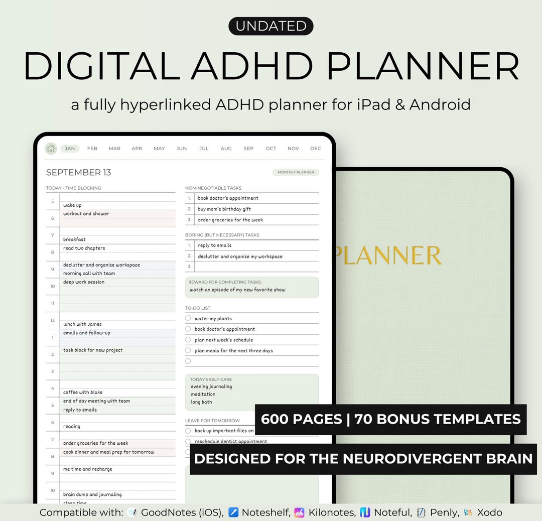 ADHD Digital Planner for iPad & Android, Undated Goodnotes Planner ...